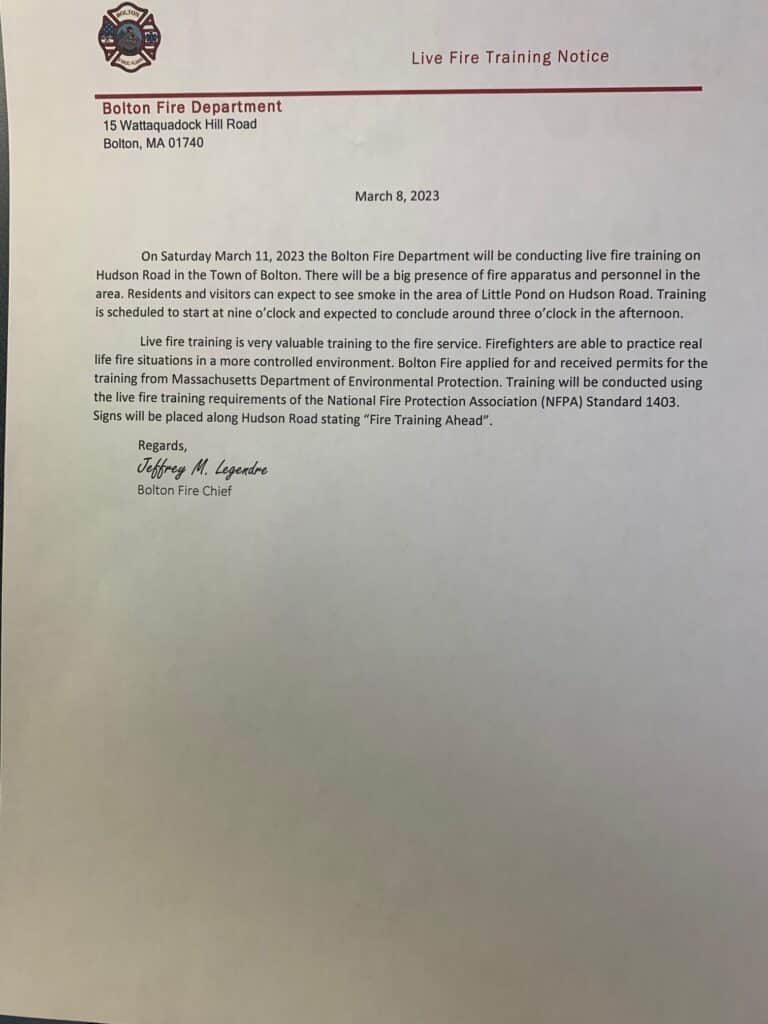 Be Advised: Bolton Fire Department Training – Hudson Fire Department