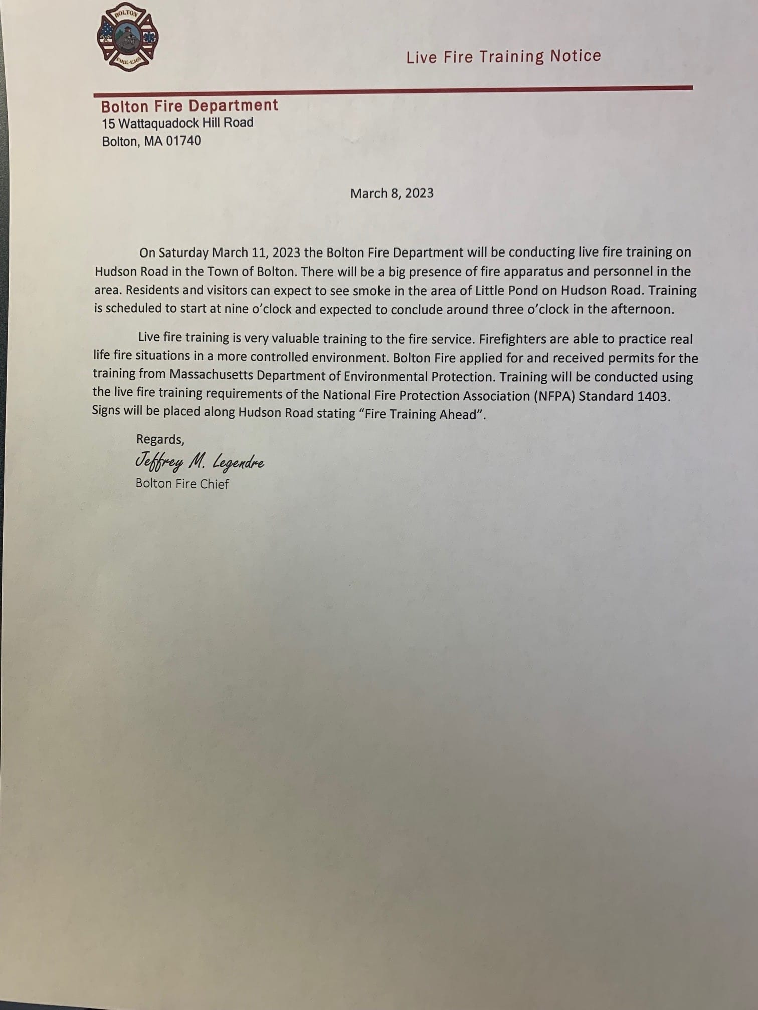 Be Advised: Bolton Fire Department Training – Hudson Fire Department